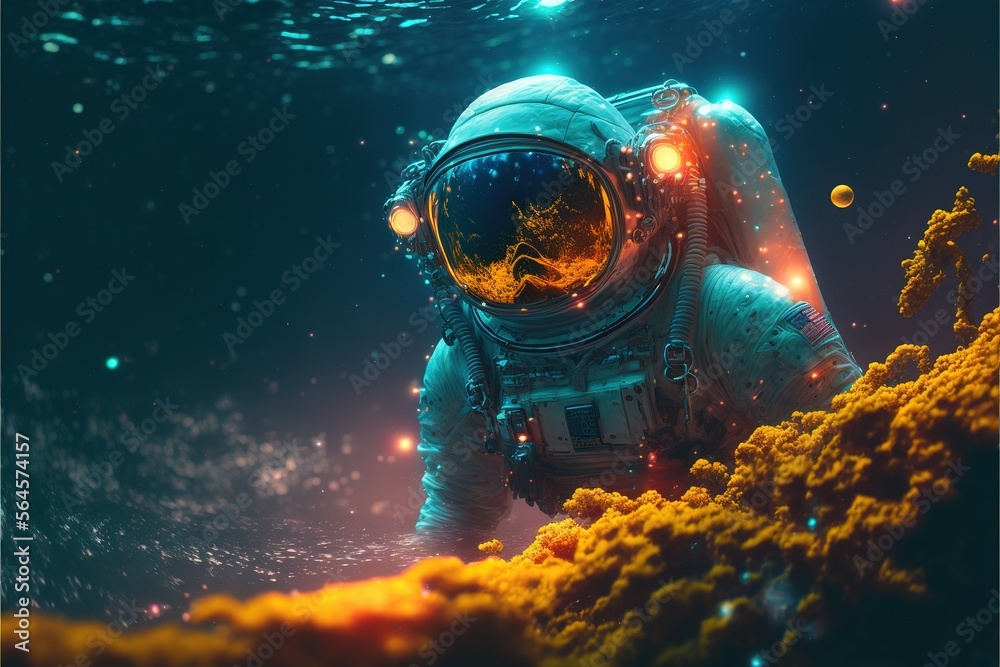 Astronaut swimming in the nebula water and stars with neon light ...