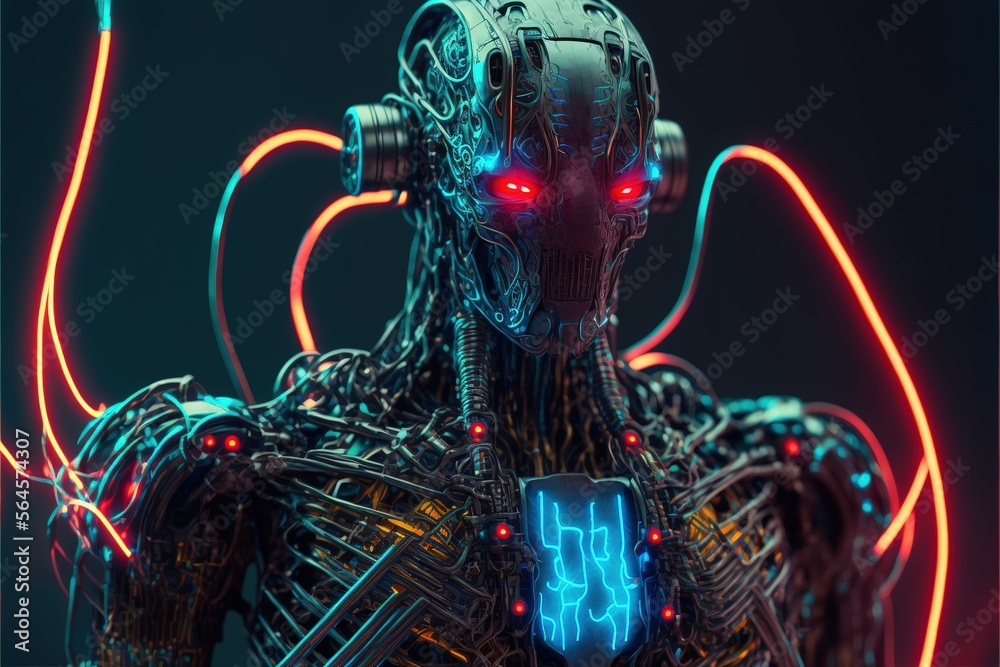 Cyborg robot with brain connection and neon effect. evil artificial ...