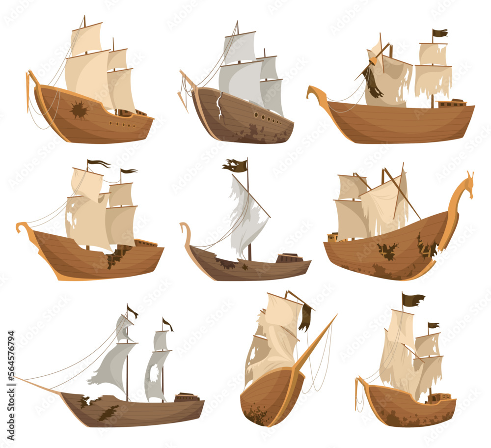 Broken ships icons set. Cartoon wooden battered ships with tattered ...