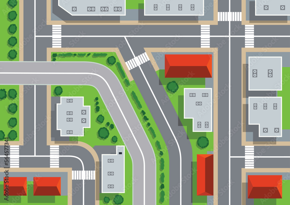 Top view of urban city. Crossroads with streets, roads, houses and ...