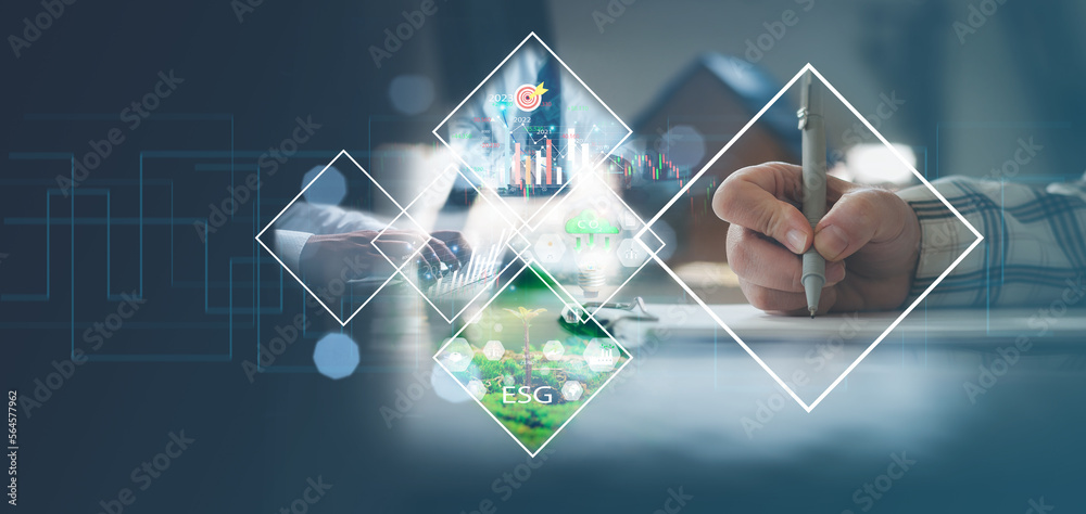 Businessman writing environmental plan, future economic growth with global warming reduction ...