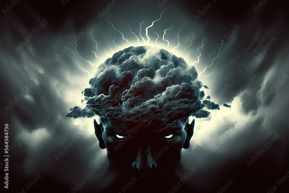 Dark clouds rolling over the brain, worry, frustration, depression, discord, mental disorder ...