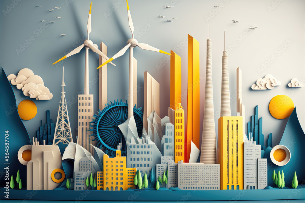 Origami cartoon energy plant with renewable sources, sun and wind on ...