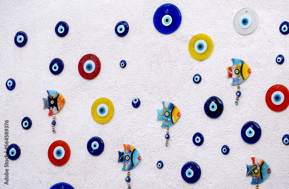 Wall decorated with the eye-shaped amulets Nazars, made of blue glass ...