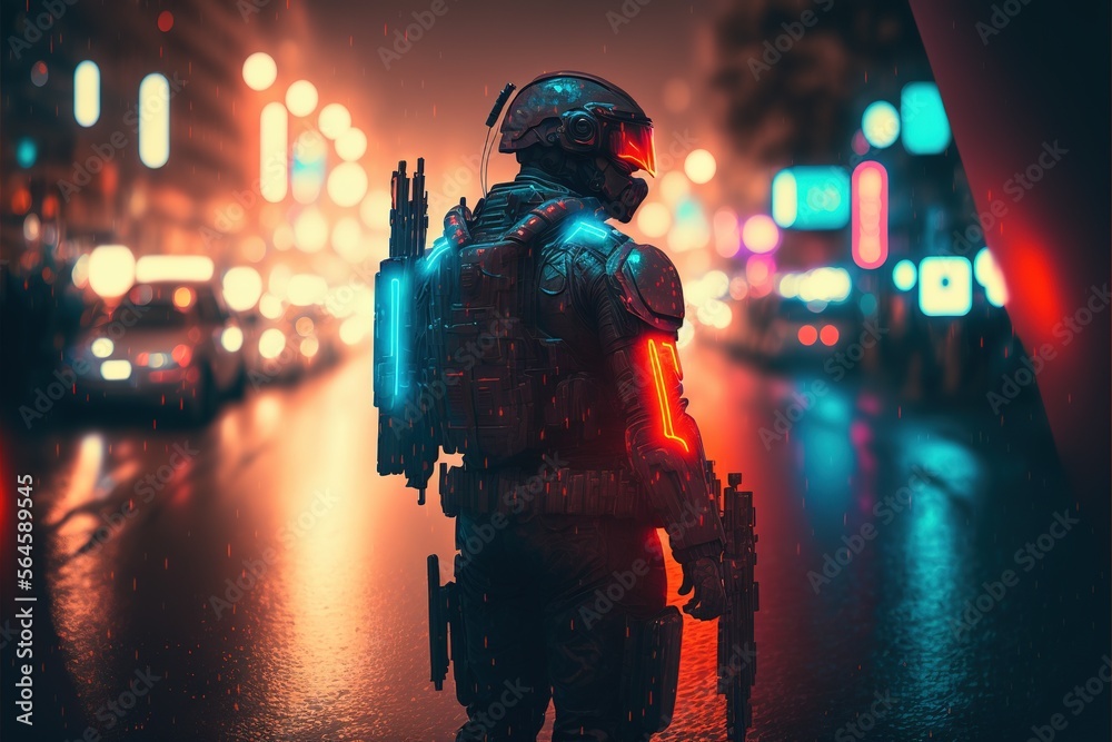 Armed super soldier with supersonic gun in the cyber city. cyberpunk ...