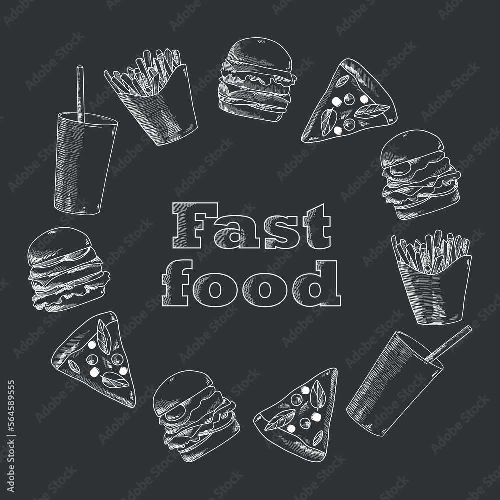 Hand drawn fast food illustration. Soda, pizza, burger and french fries ...