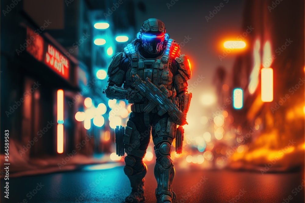 Armed super soldier with supersonic gun in the cyber city. cyberpunk ...