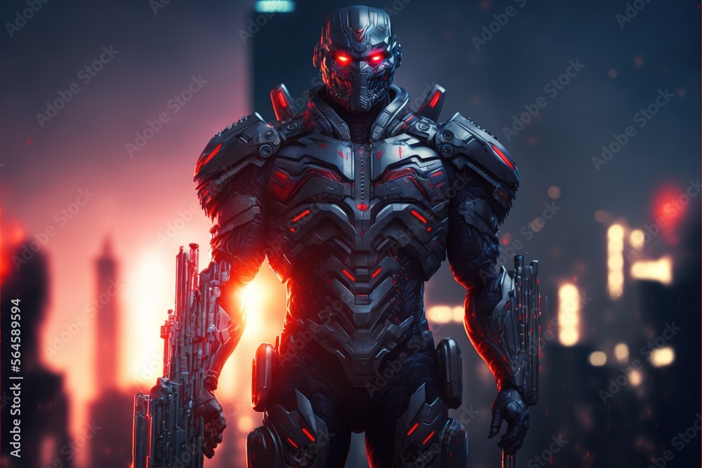 Armed super soldier with supersonic gun in the cyber city. cyberpunk ...