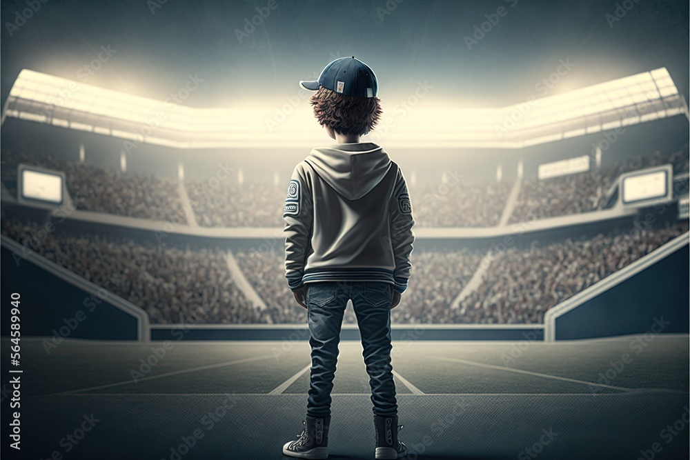 Boy standing on the Football stadium. digital style. illustration ...