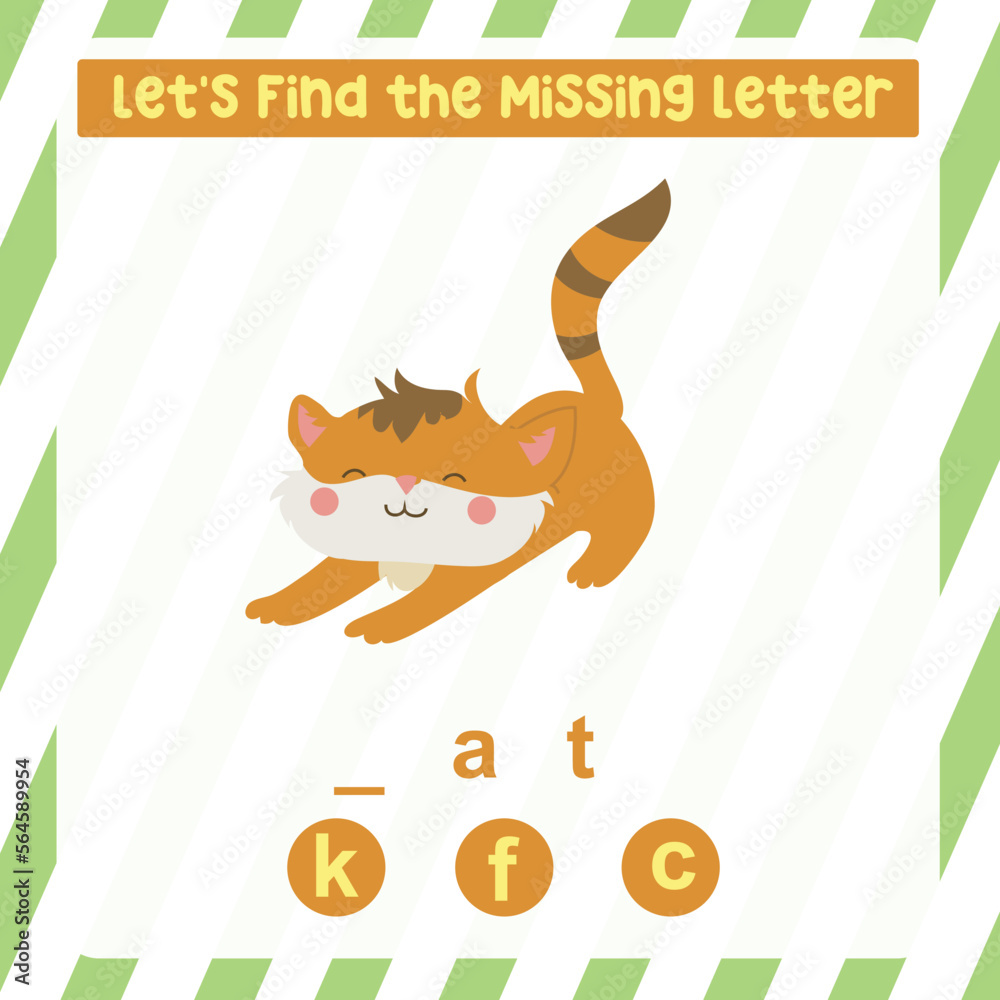 Cute cartoon orange cat stretching its body. Educational spelling game ...