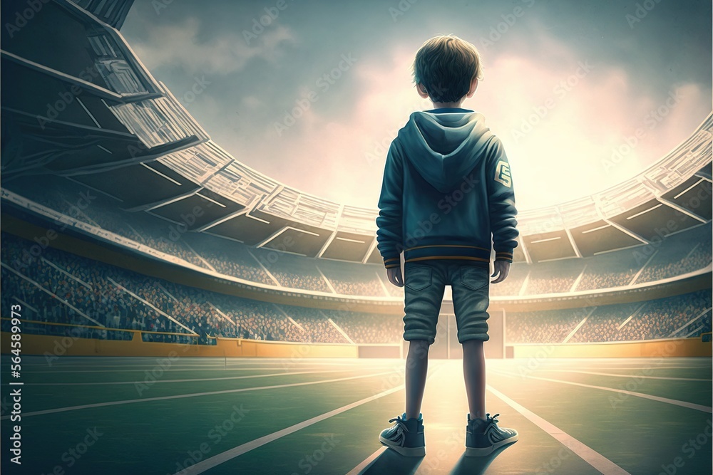 Boy standing on the Football stadium. digital style. illustration ...