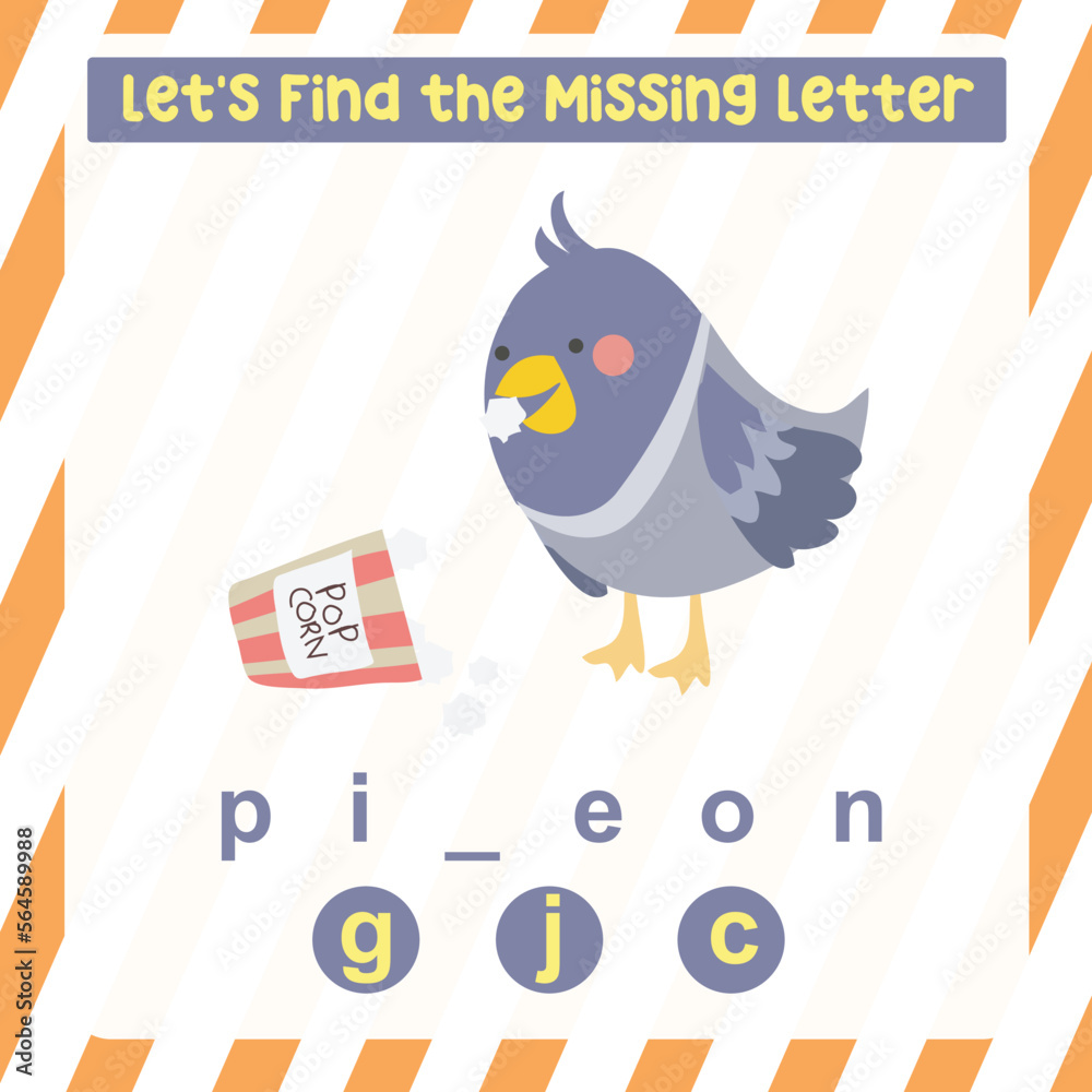 Cute cartoon pigeon eating popcorn. Educational spelling game for kids ...