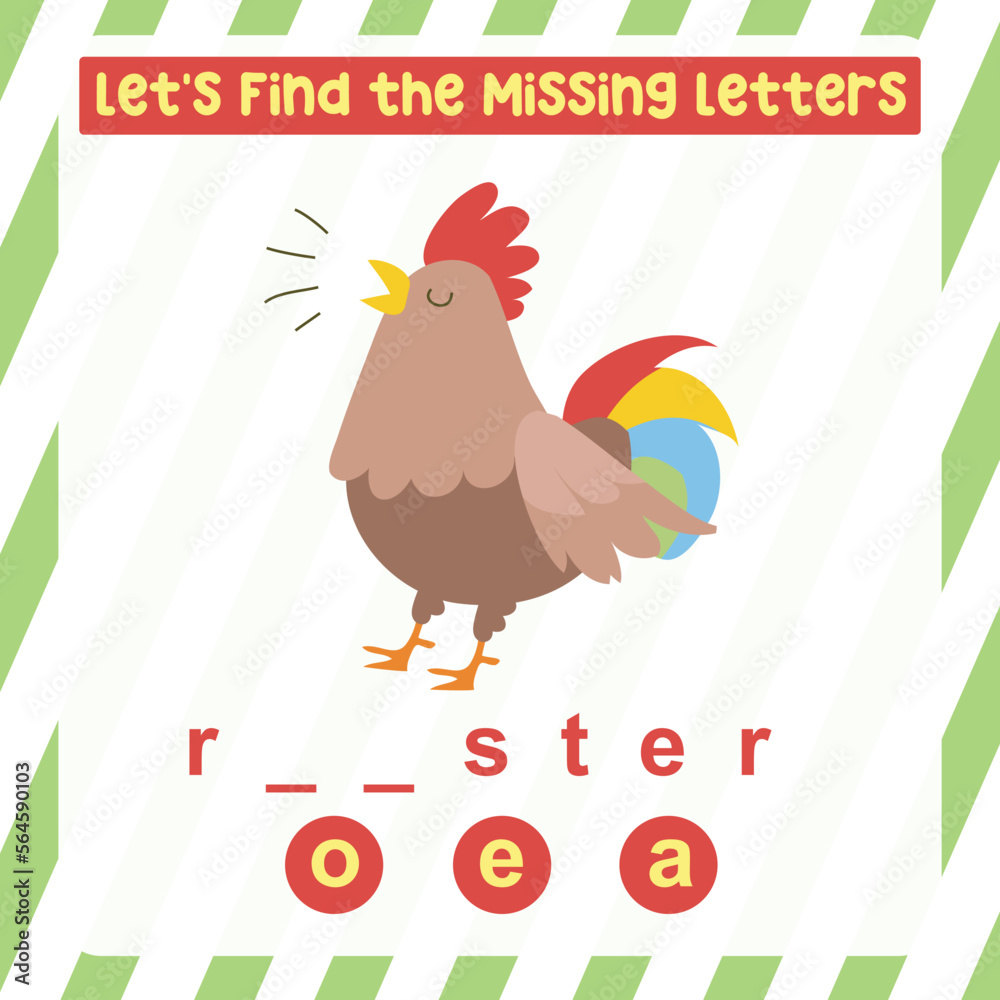 Cartoon a rooster. Educational spelling game for kids. Complete the ...