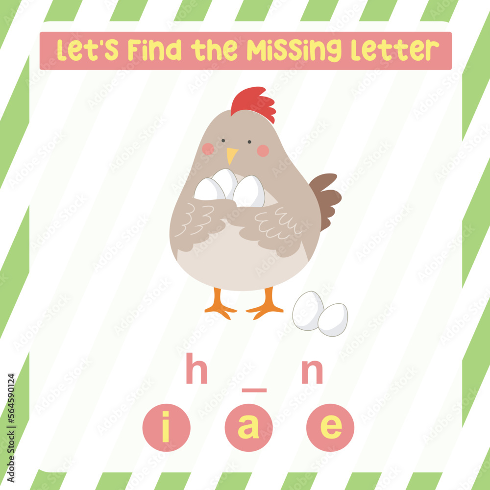 Cartoon a hen holding her eggs. Educational spelling game for kids ...
