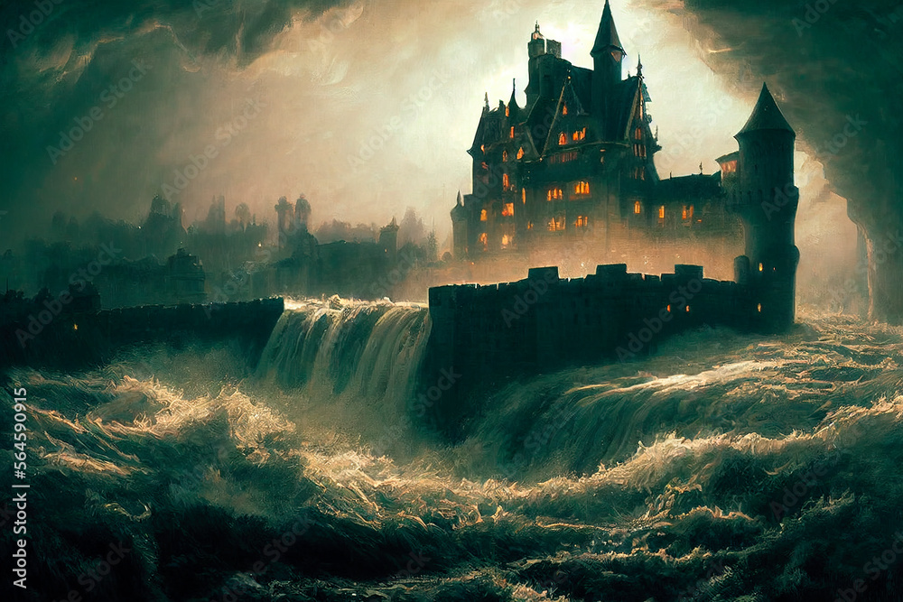 A Gothic castle in a stormy night, with burning windows creating a ...
