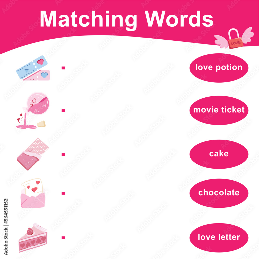 Matching words with images of valentine items. Matching words game for ...