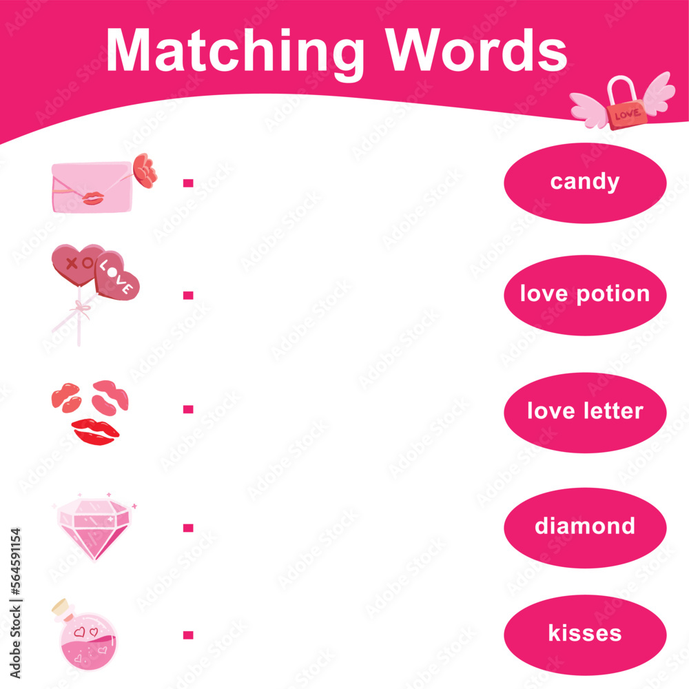 Vetor de Matching words with images of valentine items. Matching words ...