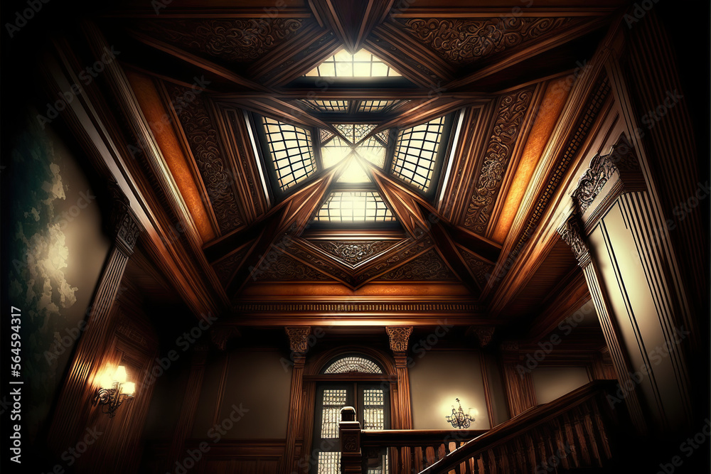 Dark victorian ceiling in gothic castle hall interior with wooden walls ...
