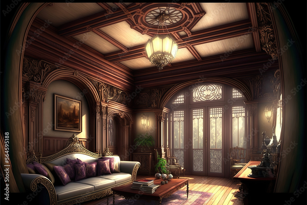 Dark gothic castle mansion hall interior with huge glass ceiling ...