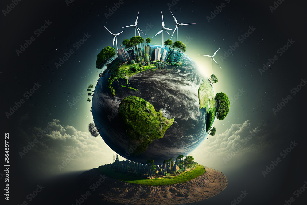 Generative Ai of planet earth with windmills and greenery. Tiny planet ...