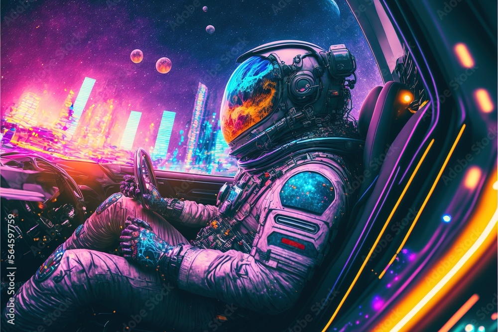Astronaut in the cyber car in the cyber city cyberpunk with Neon RGB ...