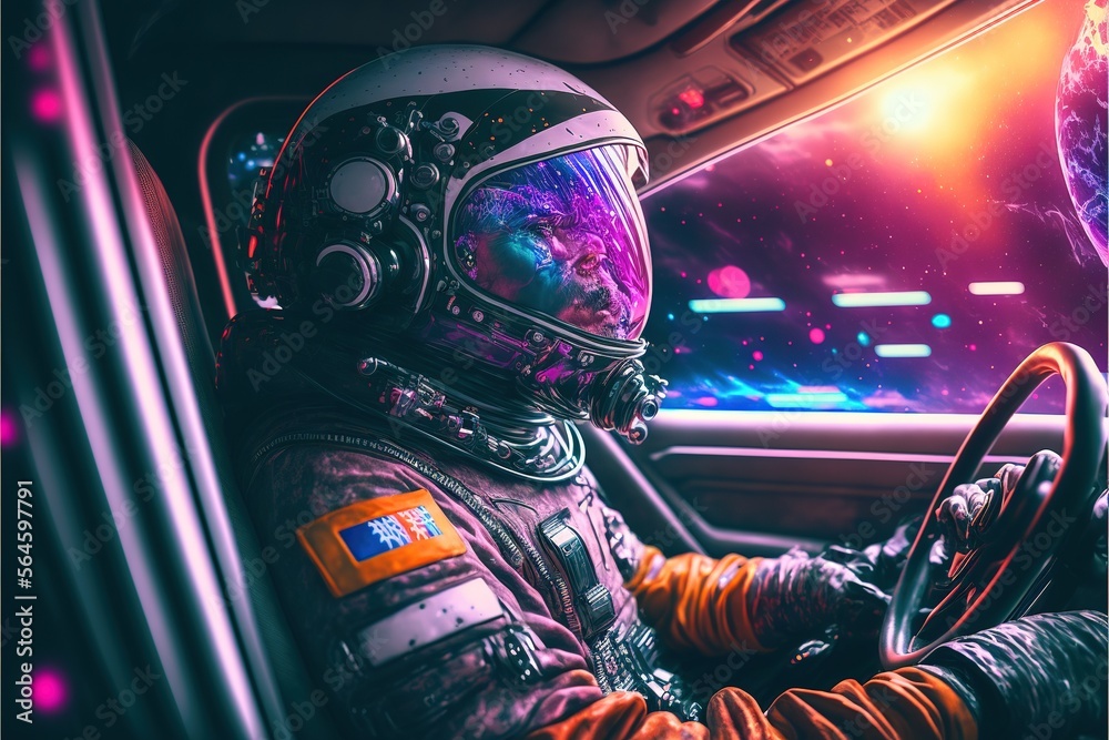 Astronaut in the cyber car in the cyber city cyberpunk with Neon RGB ...