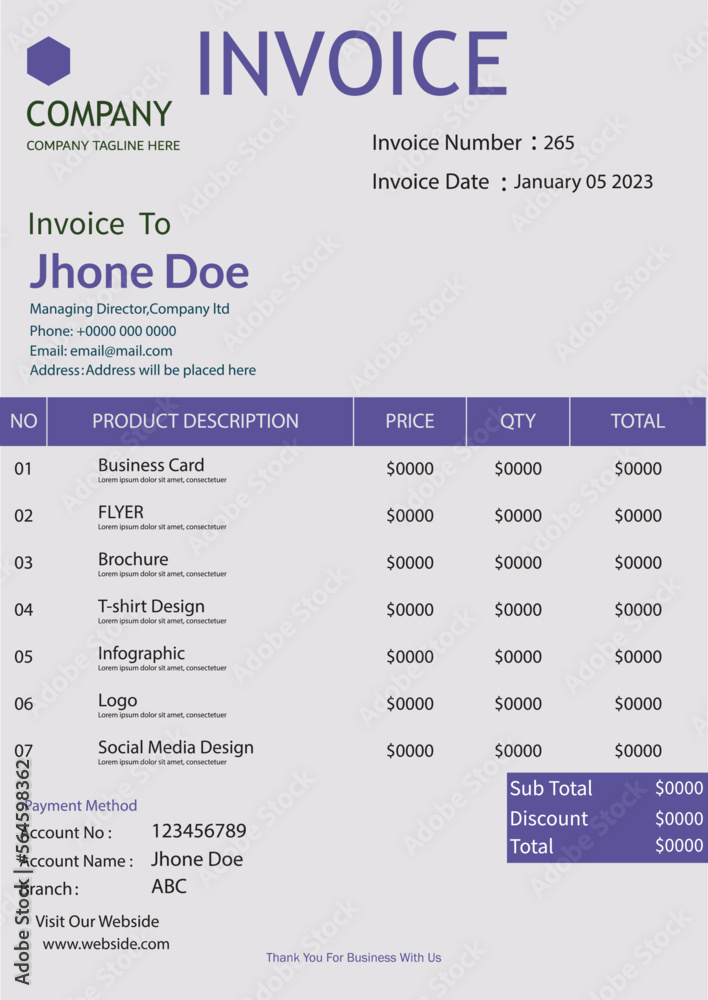 Design of a professional invoice template. Colorful and simplistic ...