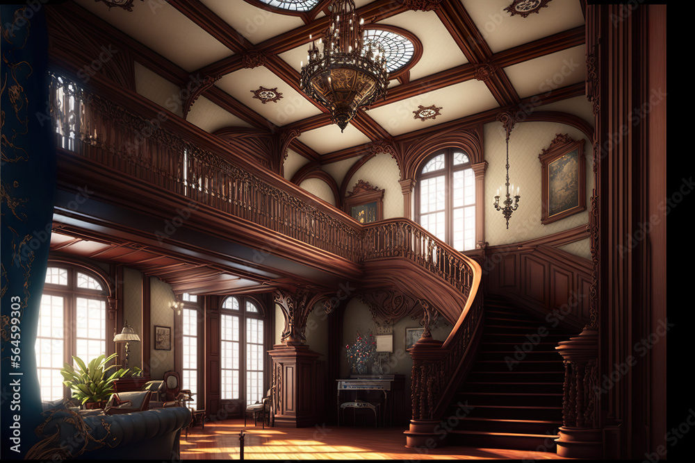 Dark gothic mansion victorian style interior with staircase and lamp ...
