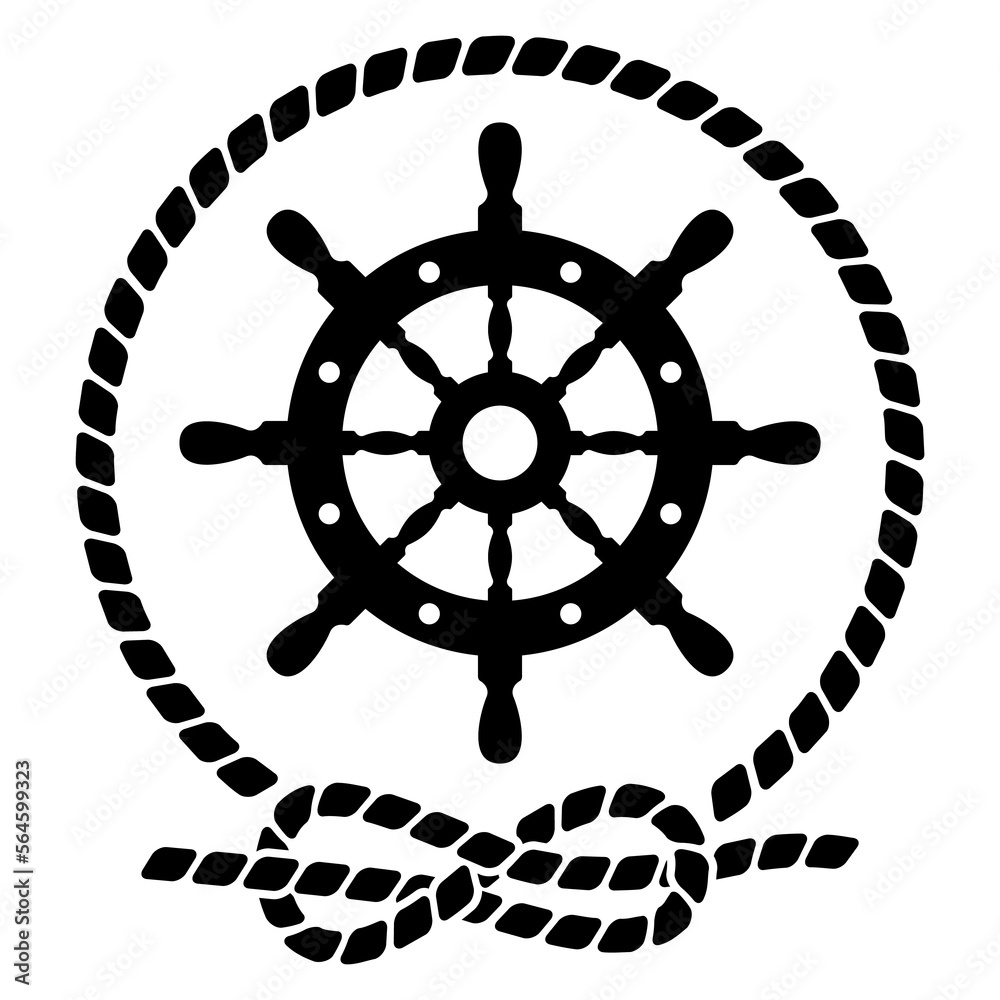 Silueta de timón de barco en marco círcular de cuerda con nudo marinero ...