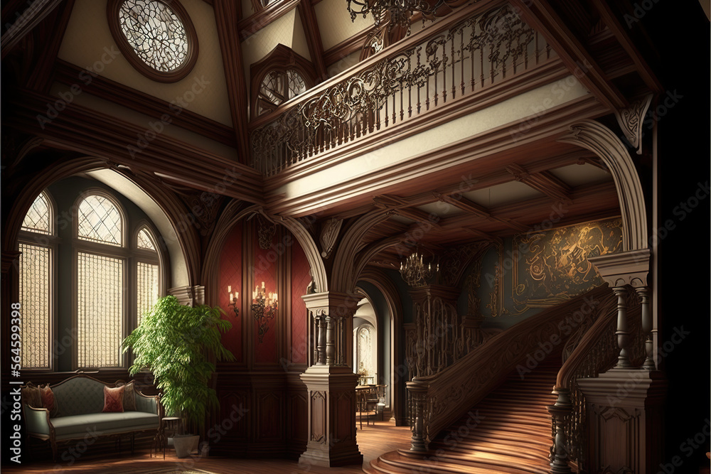 Dark gothic mansion victorian style interior with staircase and lamp ...