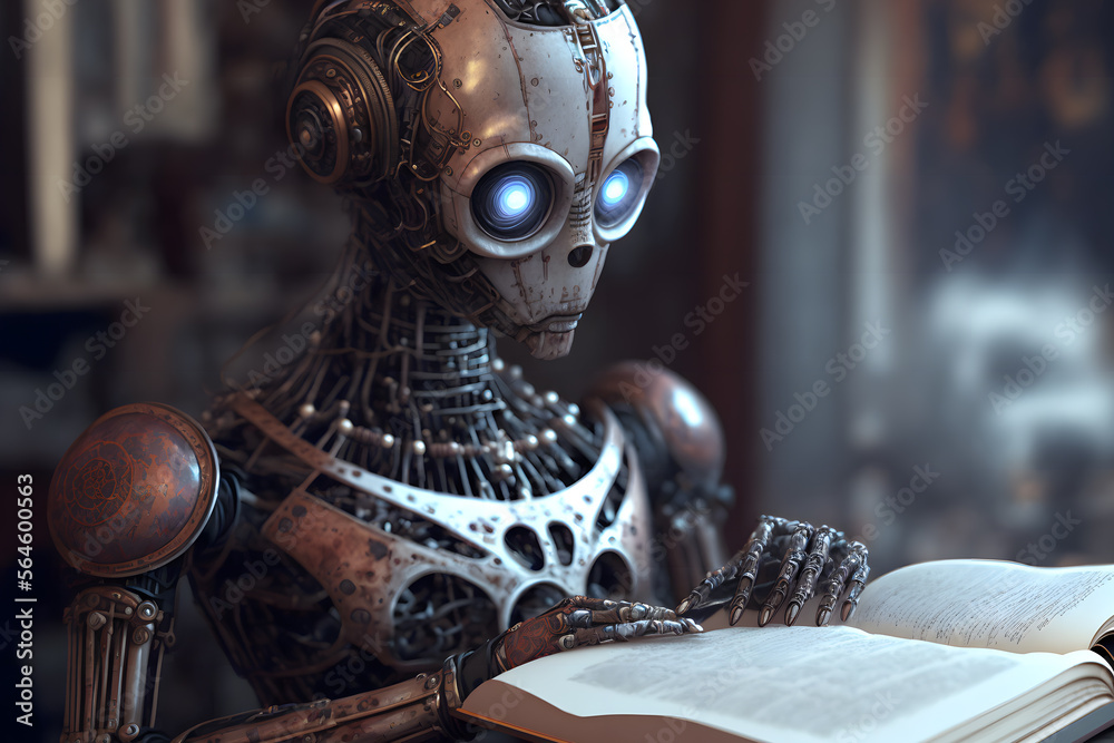 future artificial intelligence robot reading books, generative ai Stock ...