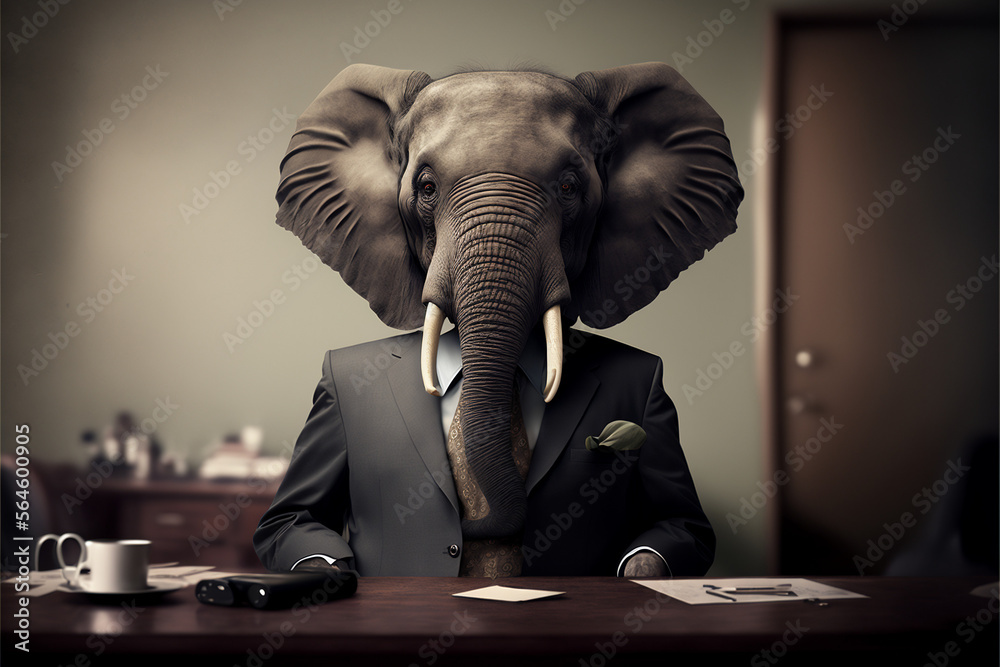 Portrait of an elephant in a business suit, at the office Stock ...