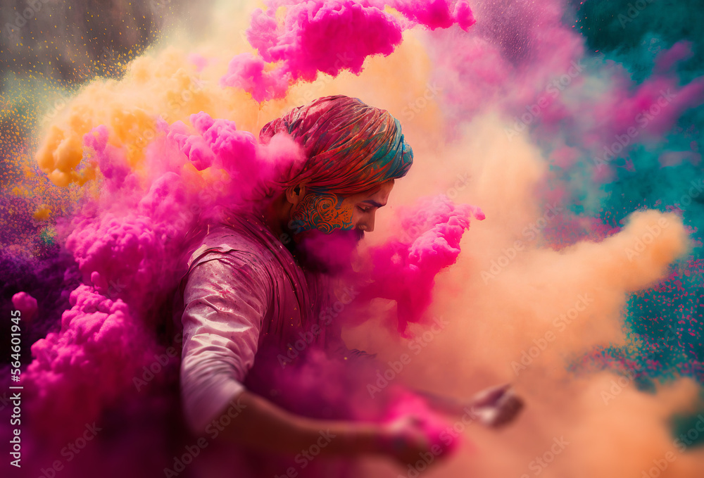 Holi festival celebration. People with bright powder colours ...