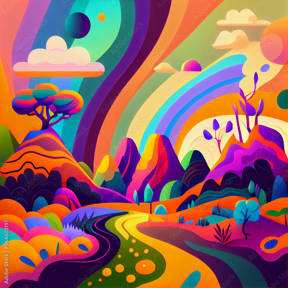 Colorful psychedelic landscape flat cartoon style wallpaper. 70s Hippie ...