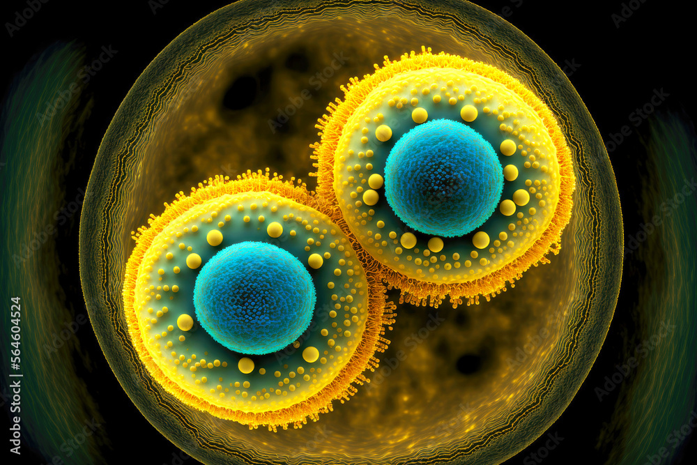 two yellow-blue cells in microscopic form in process of cell division ...