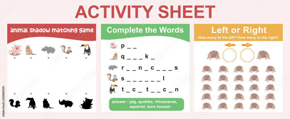 Bundle activity worksheet for kids with animals’ edition. Cartoon ...