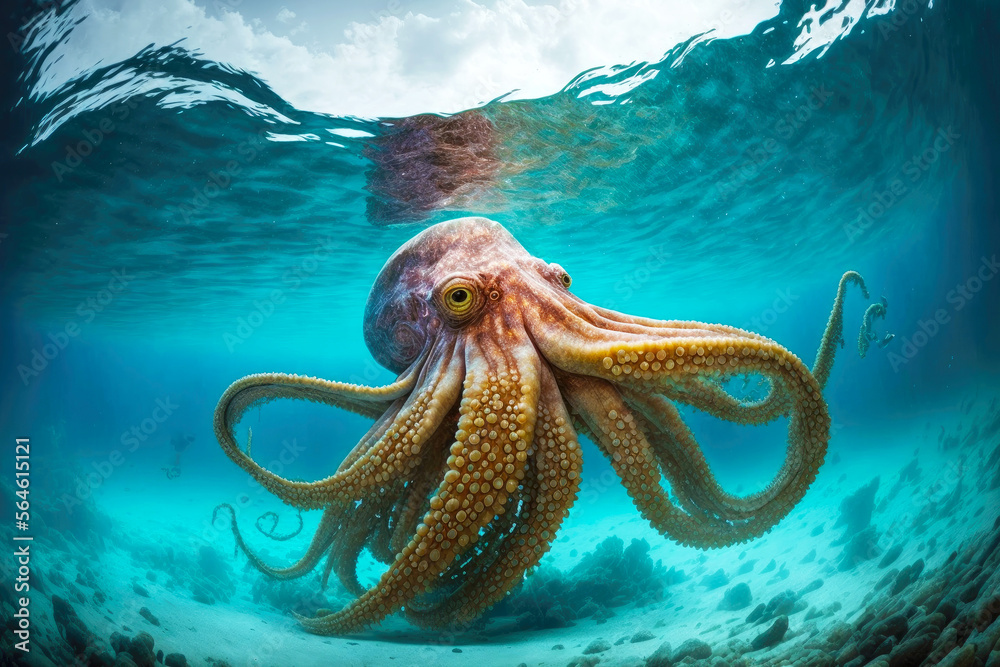 large formidable octopus sea lying at bottom of mediterranean sea Stock ...