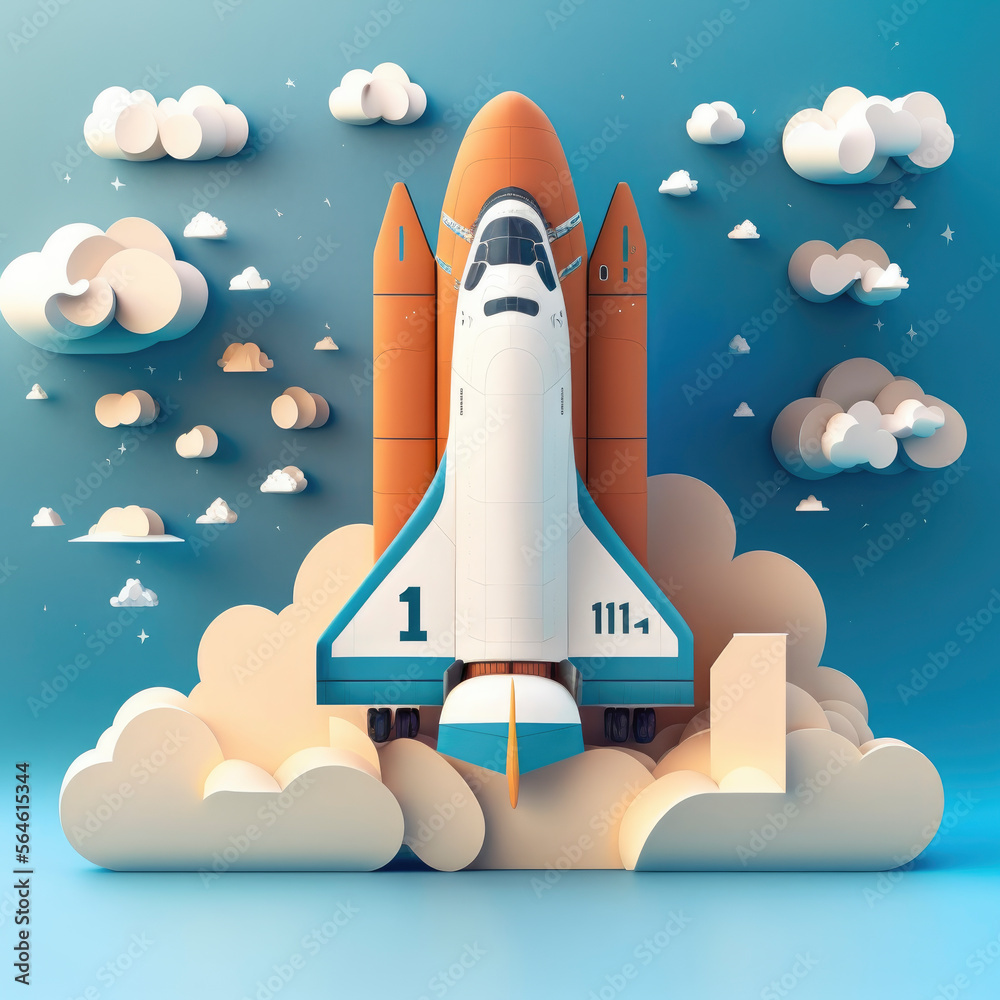3d render, paper art style rocket in the sky with orange boosters and ...