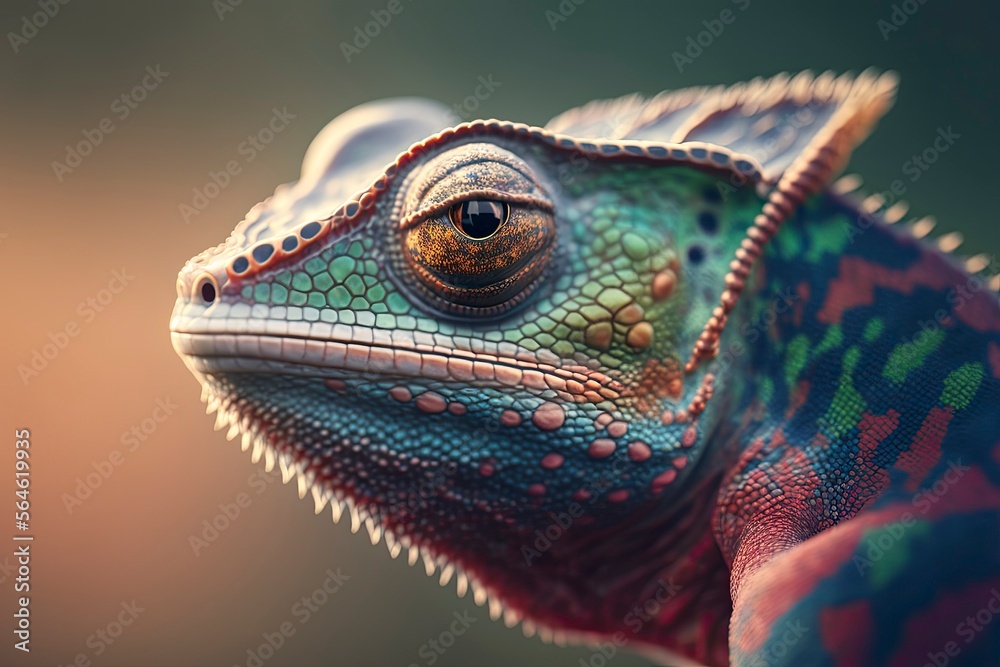 Chameleon close up potrait. Macro photo of chameleon. Beautiful chameleon on branch. Chameleon ...