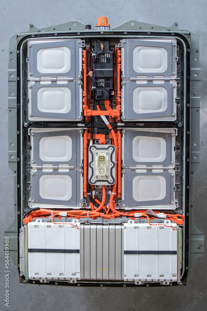 Top view of an electric vehicle battery with the cover removed ...