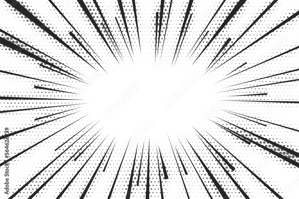 Black radial comic book style action line with halftone pattern ...