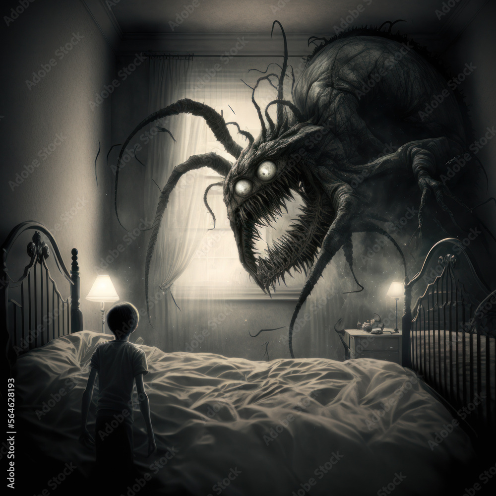 child nightmare with scary monster on bedroom. generative ai Stock ...