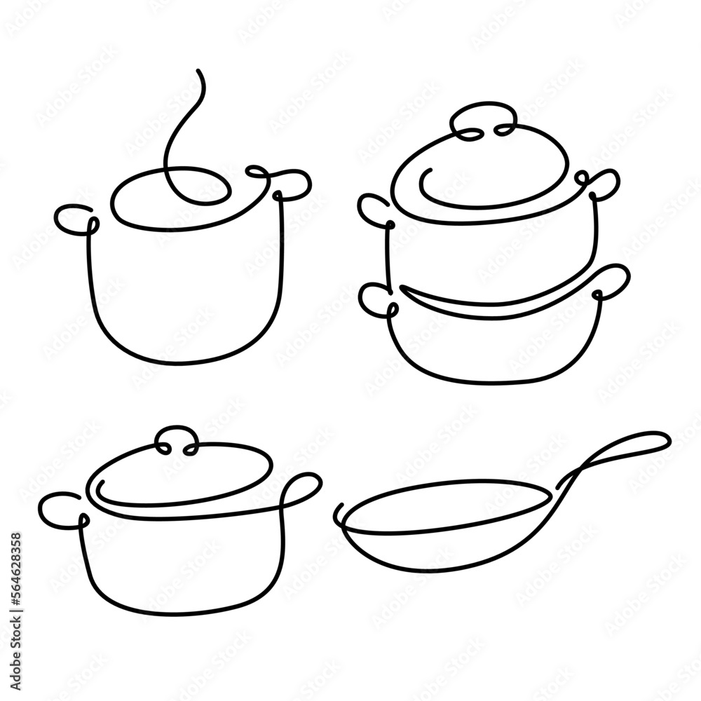 Poster Pots and pans contour line drawings, kitchenware symbol drawings ...