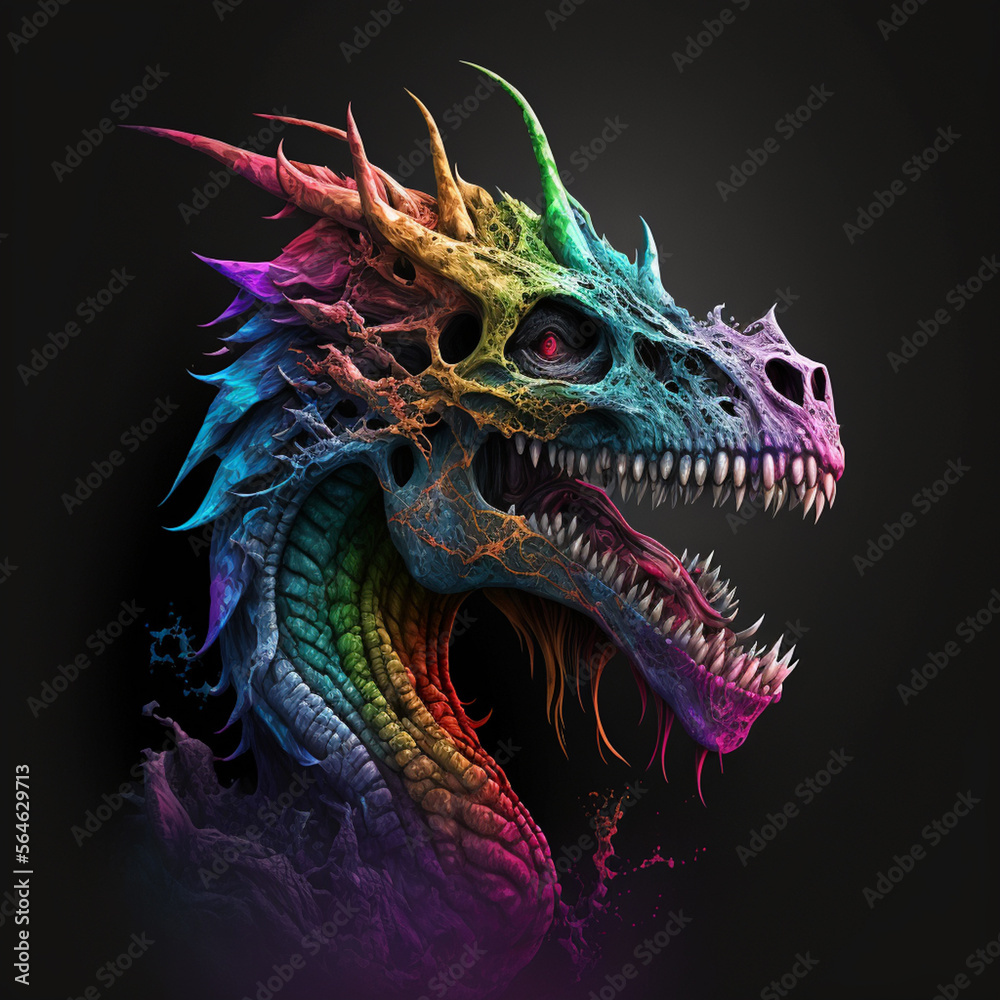 multi-colored dragon with an open mouth in profile on a black ...