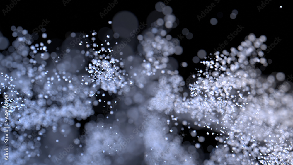 burst of transparent particles resembling water splash on black ...