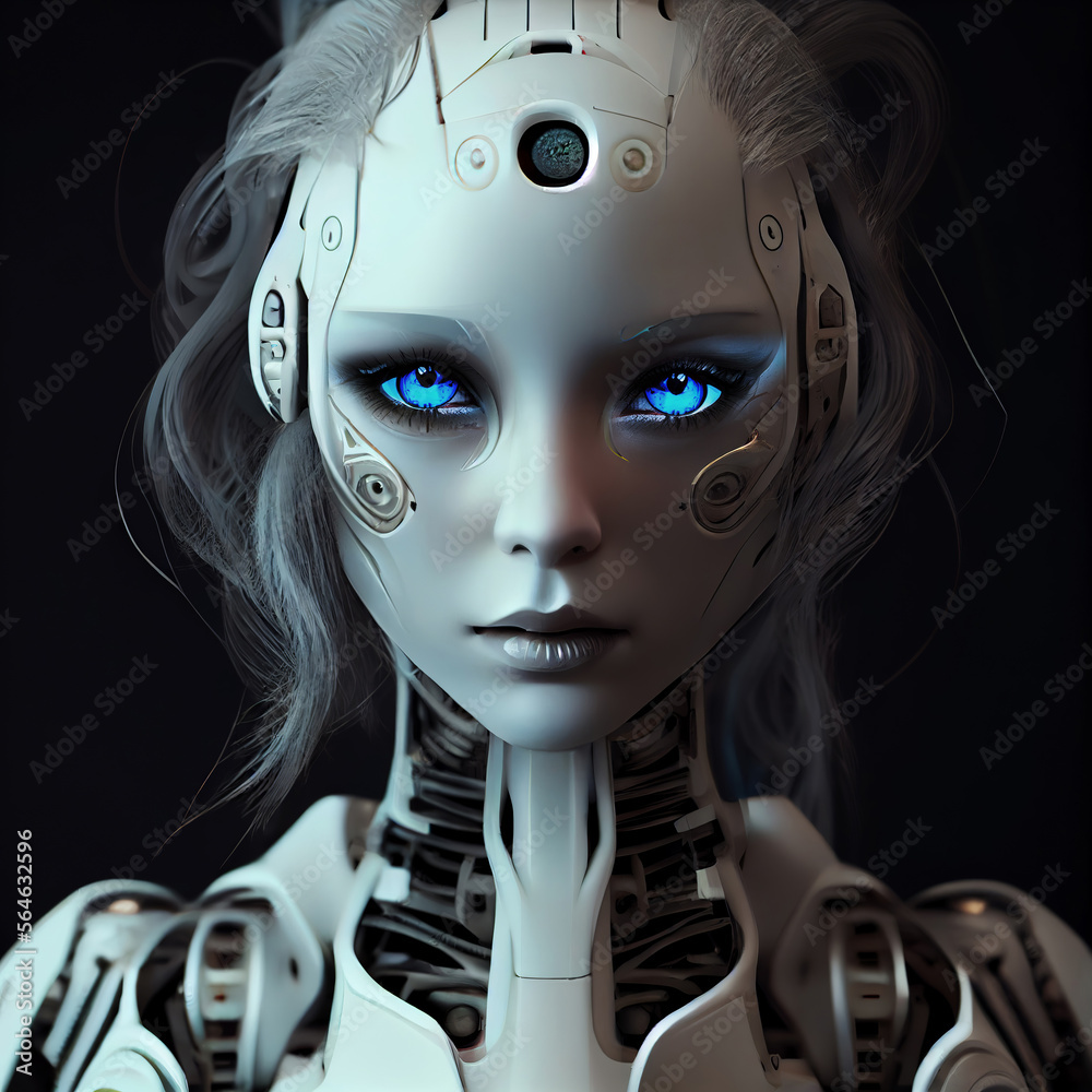 Robot android girl with blue eyes in black background crated with ...