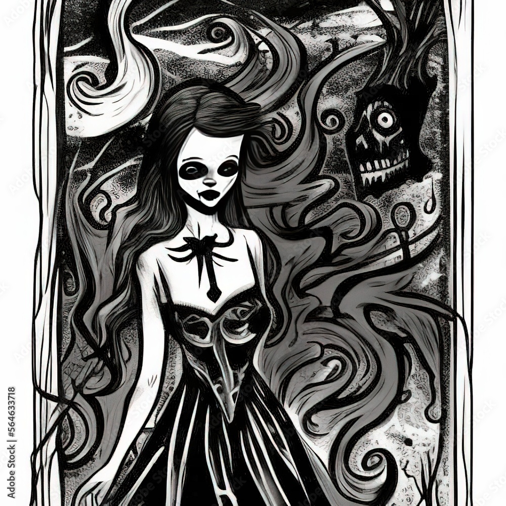 Fantasy horror black ink pen doodle drawing of a girl with scorpion on ...