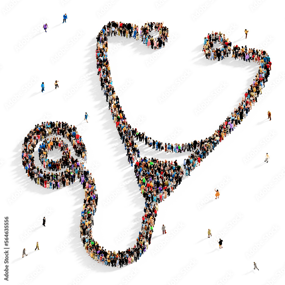 Crowd of people gathered together in the shape of a stethoscope ...