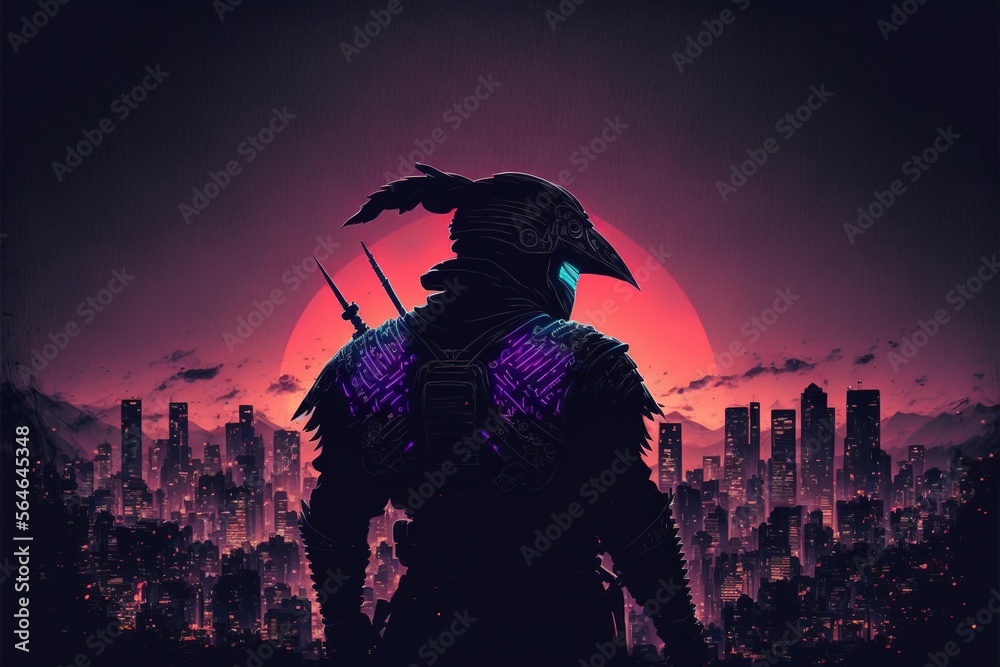 Image of a samurai standing on a roof with a night city high resolution ...