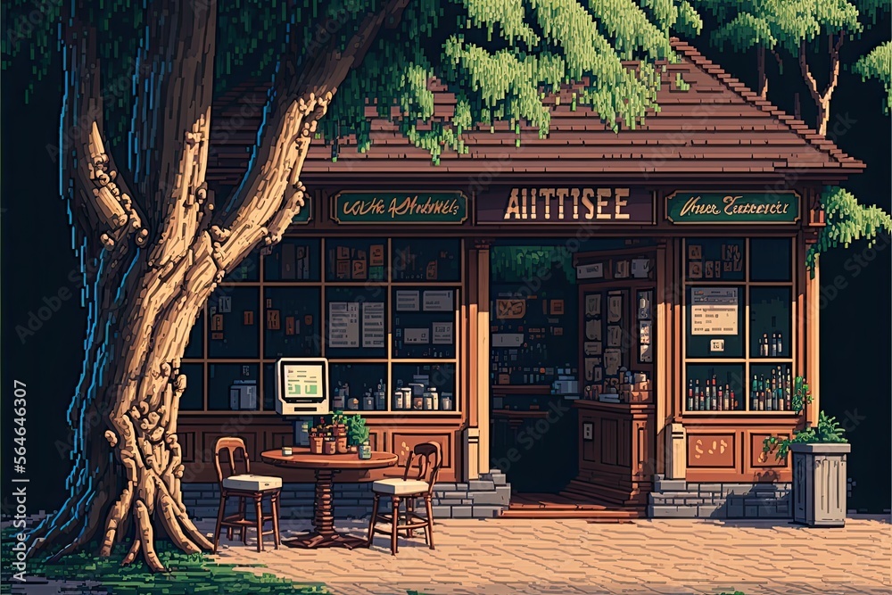 Pixel art coffee shop in park with trees, facade of old coffee shop ...